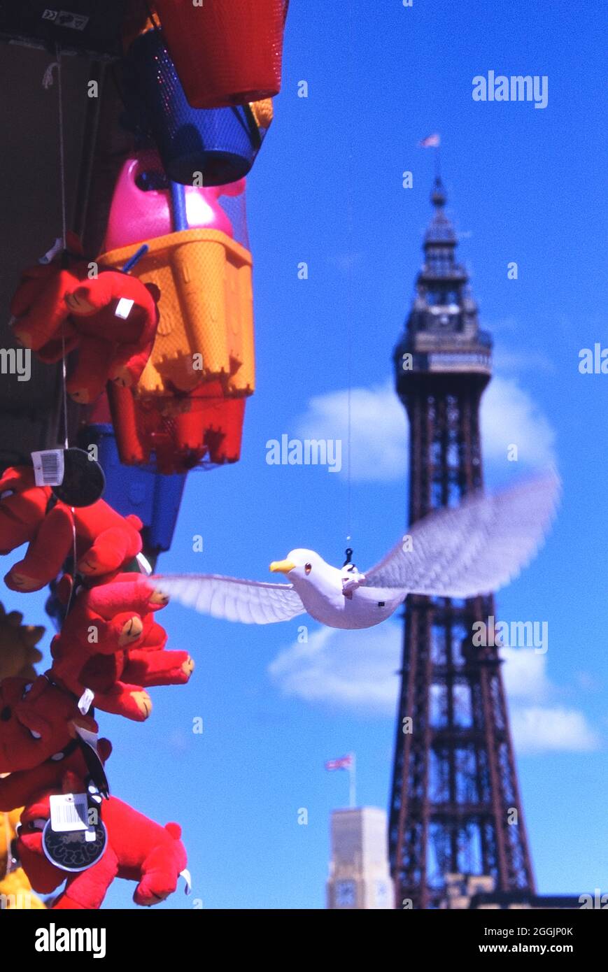A flapping seagull mobile for sale at a seafront kiosk, gift shop by ...
