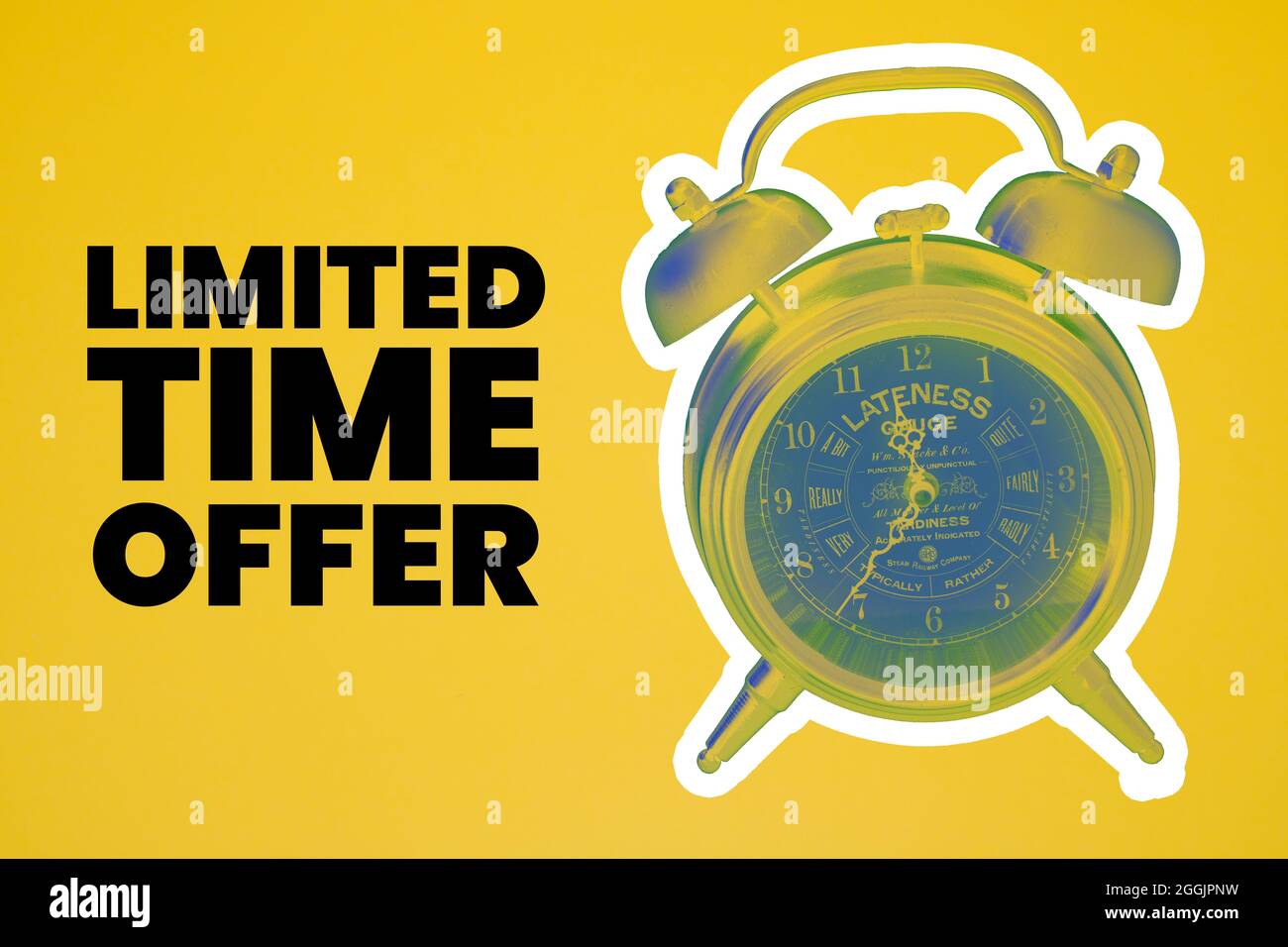 An old green clock with a bell and the black words Limited Time Offer ...