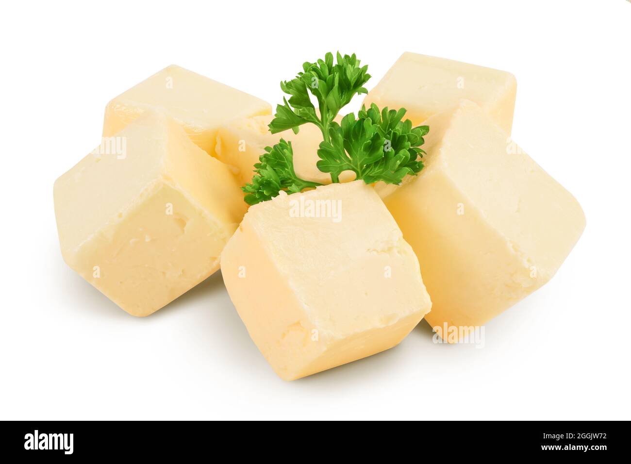 butter cubes isolated on white background with clipping path and full ...
