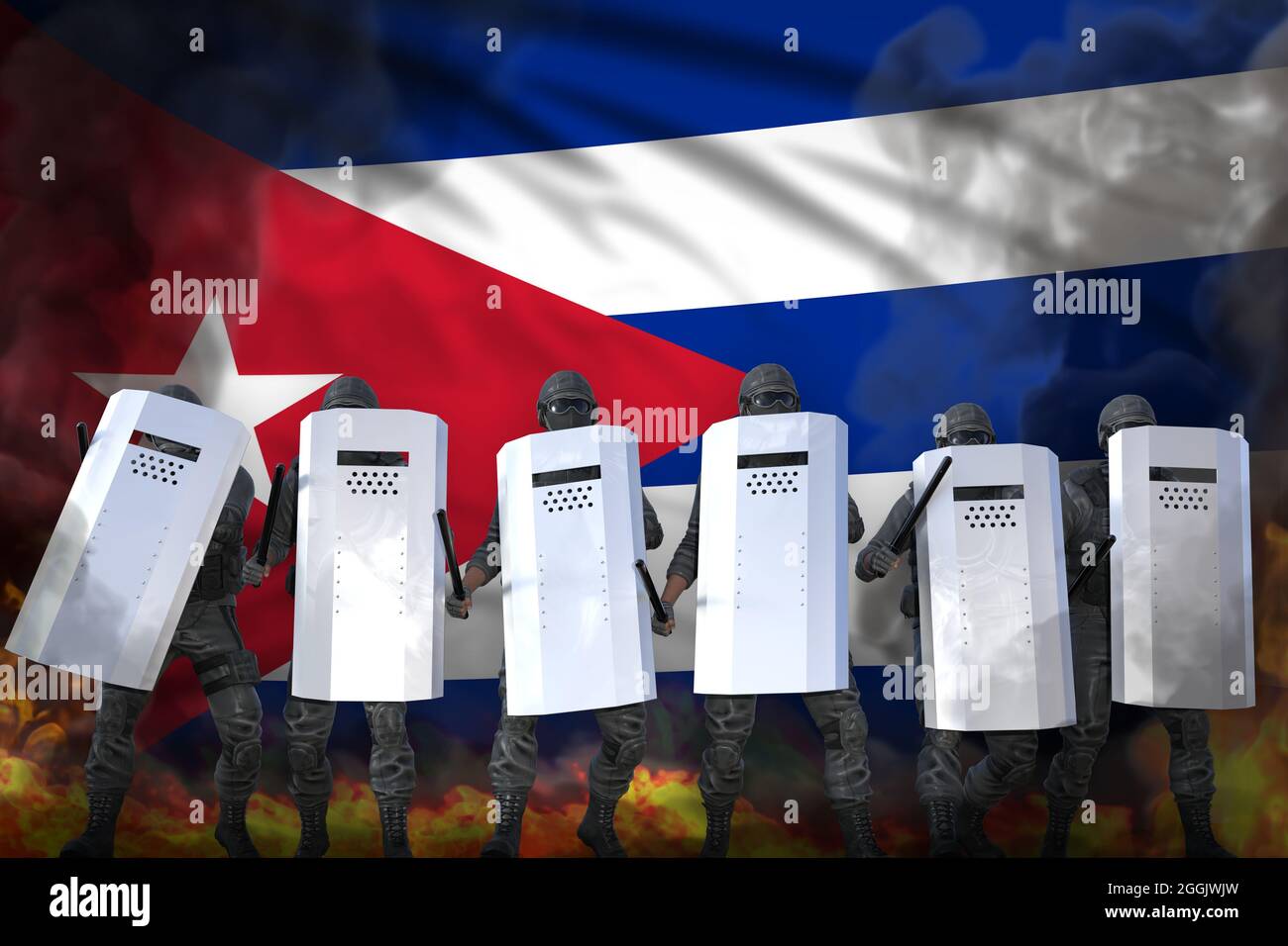 Cuba police guards in heavy smoke and fire protecting state against ...