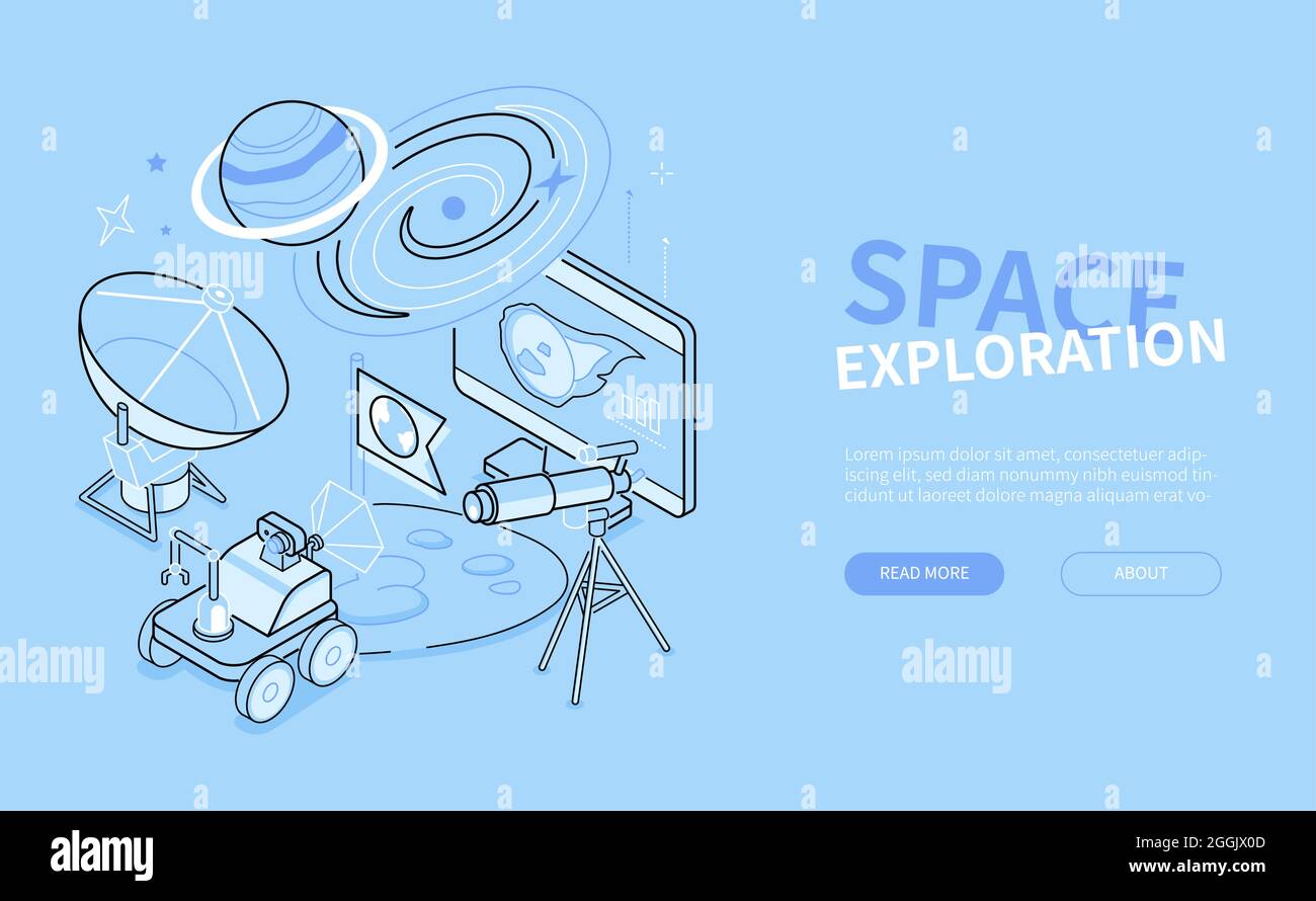 Space exploration - line design style isometric web banner. Clean ...