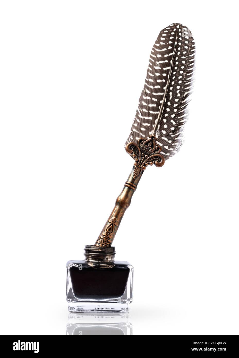 Luxury quill or fountain pen in glass jar with black ink for vintage ...