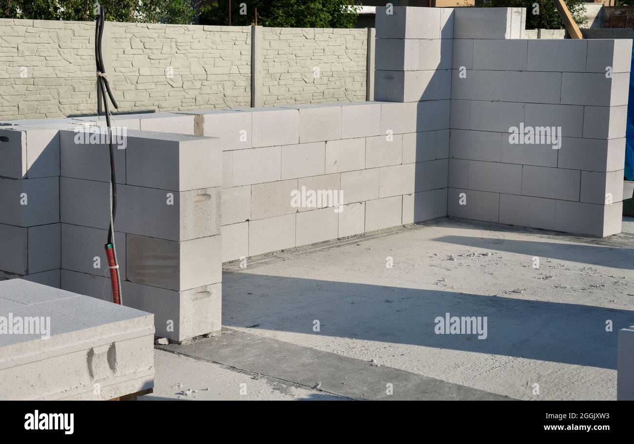 House walls built from a concrete foam blocks Stock Photo - Alamy