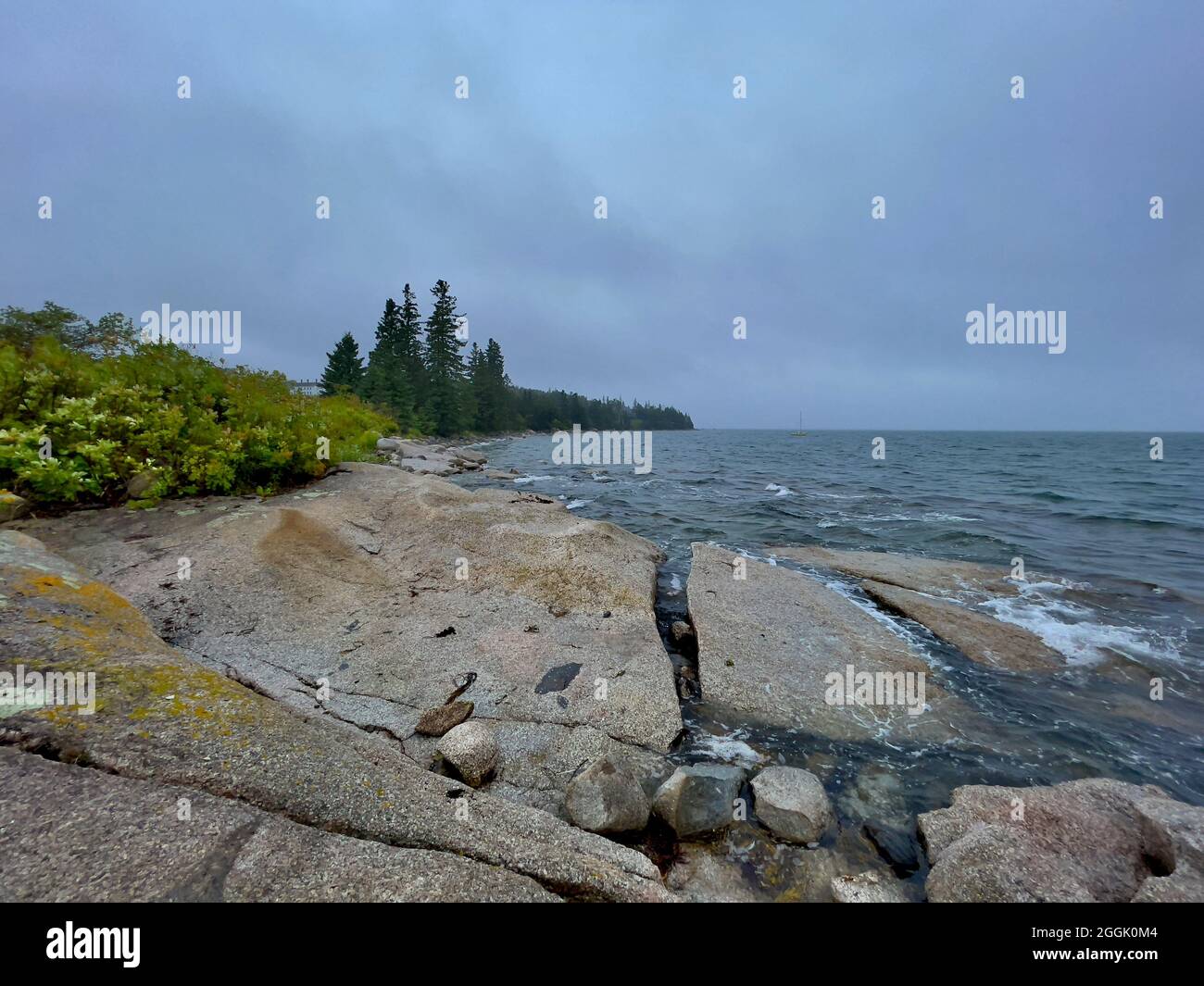 Rough, rocky Maine coastline on an overcast day on Flye Point, Brooklin ...