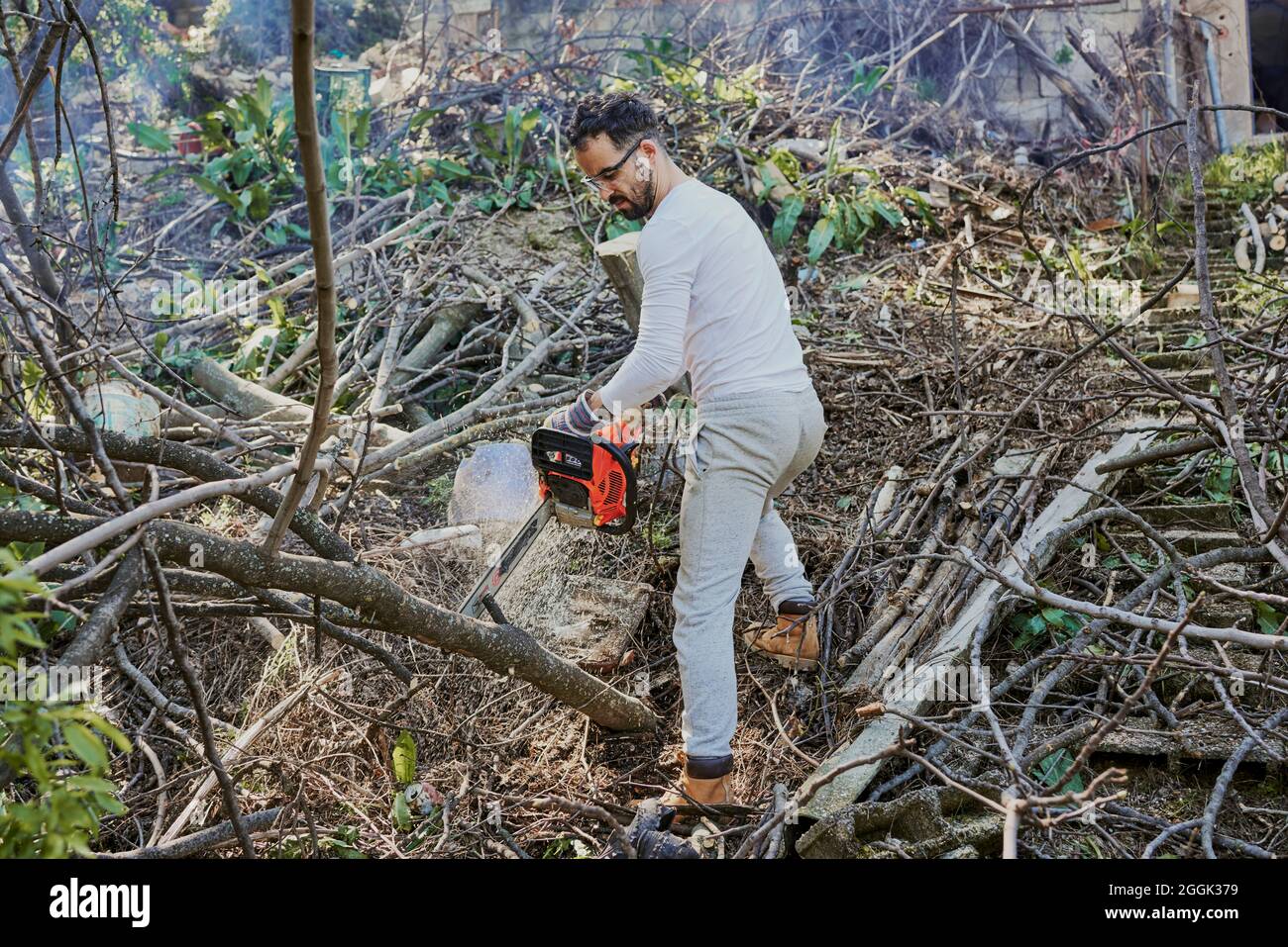 a dark-haired man is clearing the forest using a chainsaw Stock Photo ...