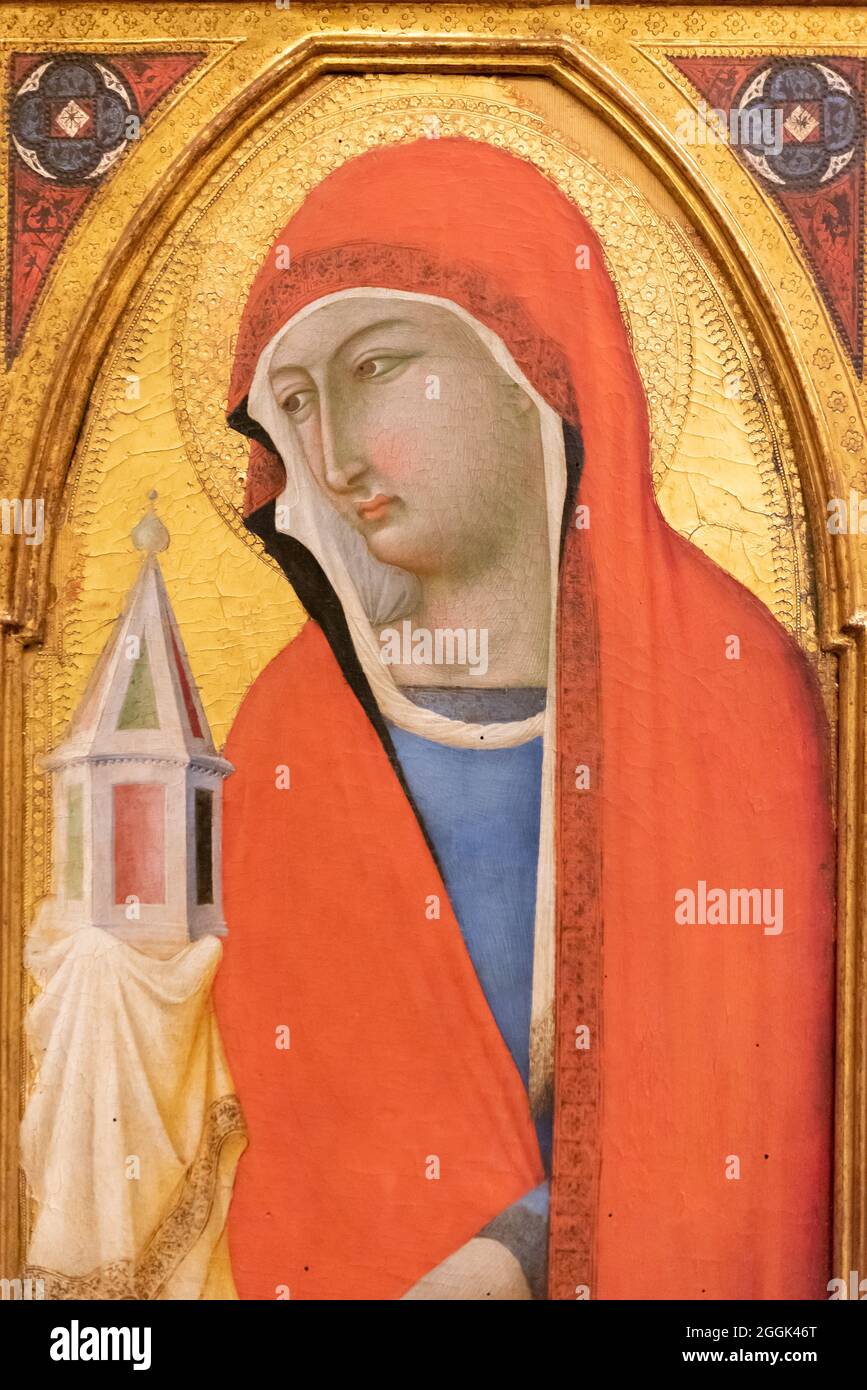 Colorful medieval painting of Virgin Mary wearing a red veil on a ...