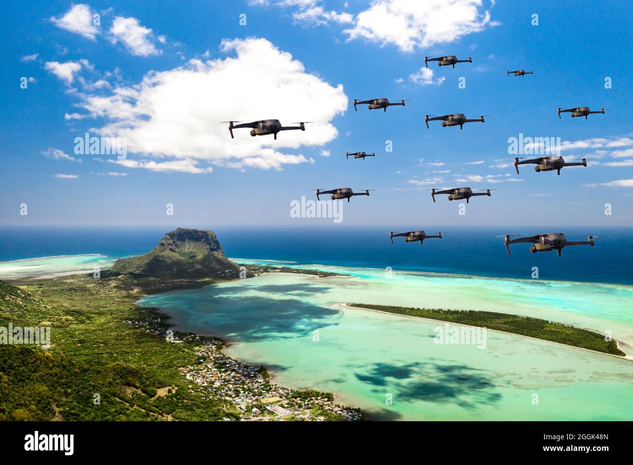 Drones fly over the island of Mauritius in the Indian Ocean. A natural ...