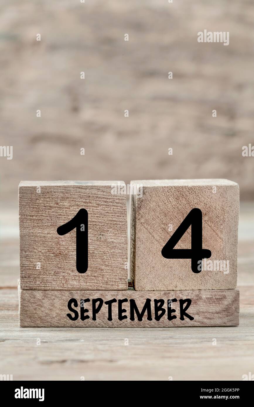 closeup cube calendar for september on a wooden background with copy ...