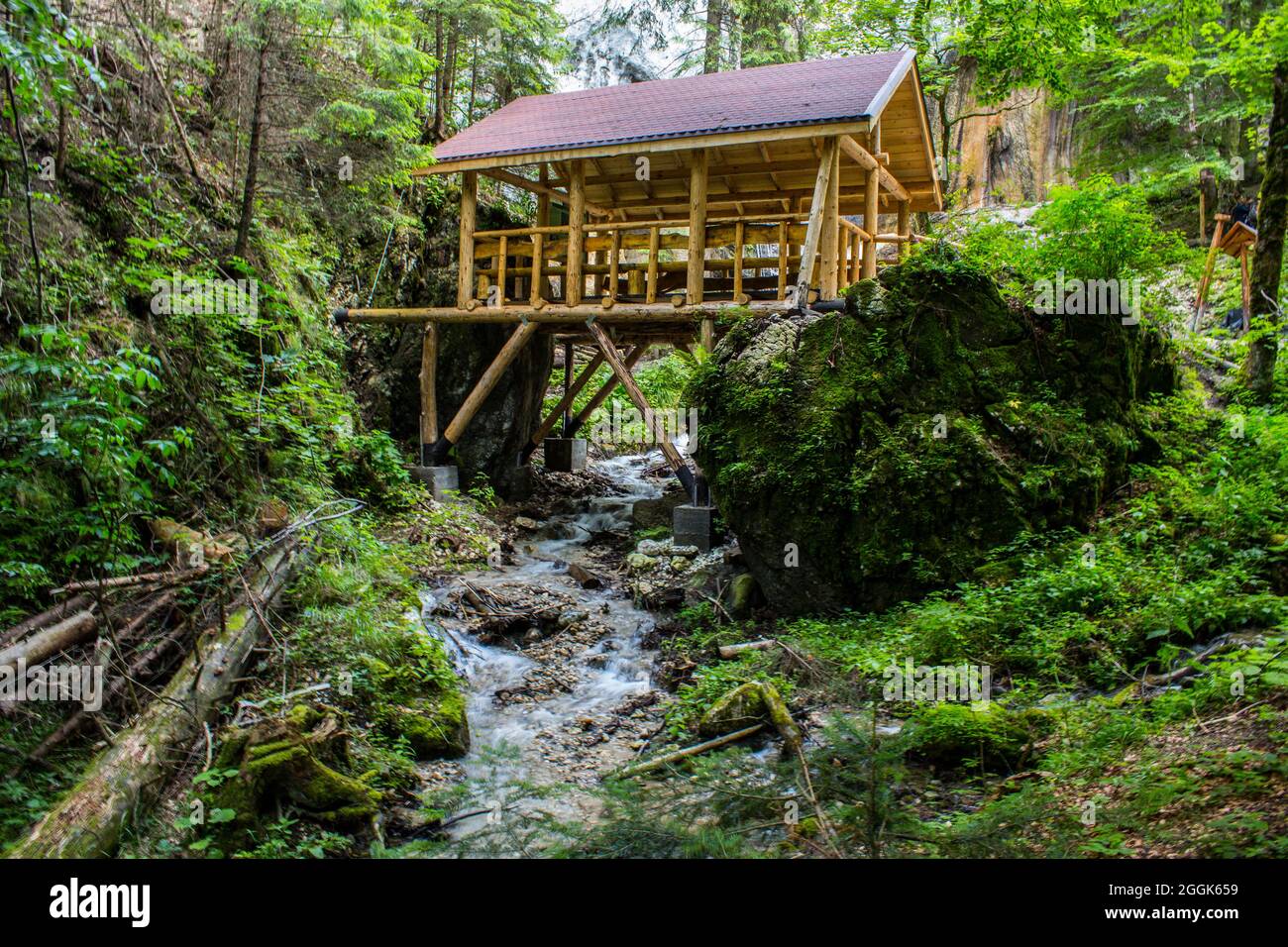 Suspended wooden house on a mountain trail to 7 Steps Canyon Stock ...