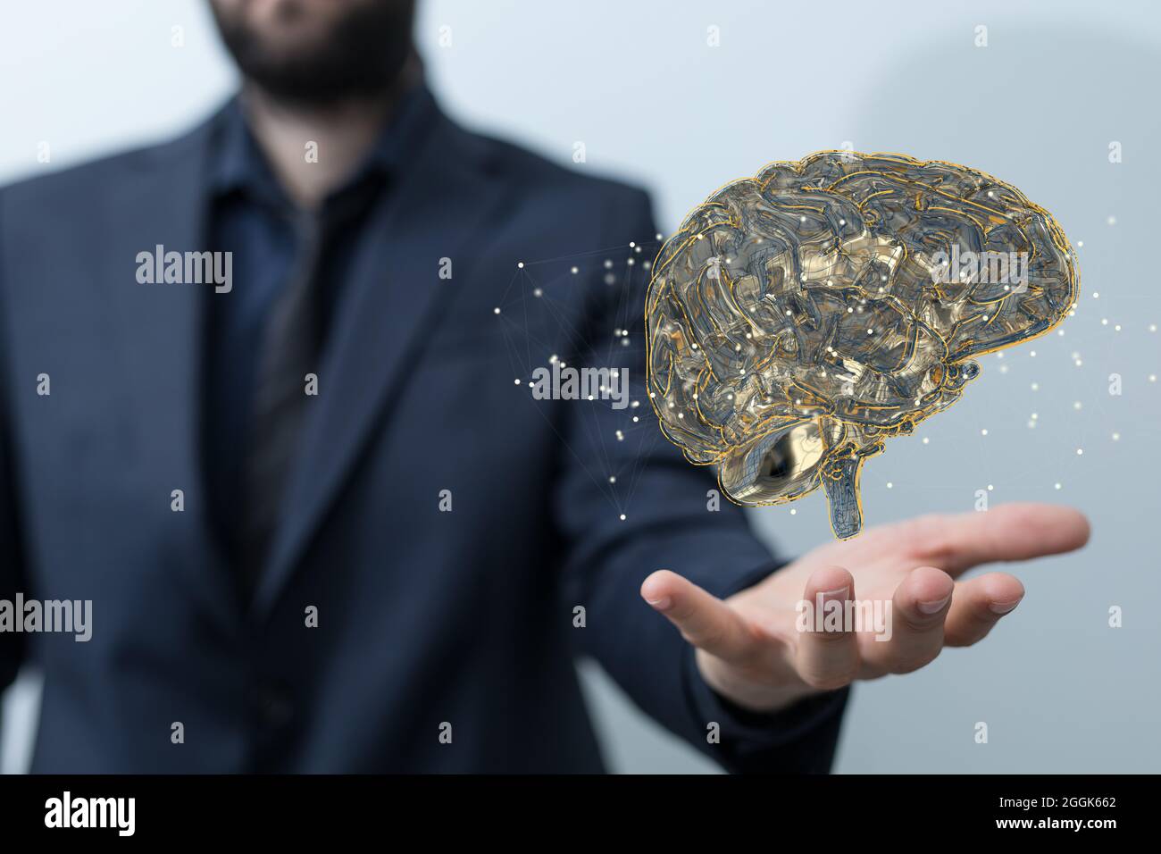 3D rendering of a floating human brain above a male hand Stock Photo ...