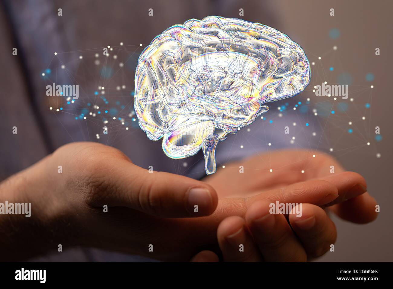 3D rendering of a floating human brain above hands Stock Photo - Alamy