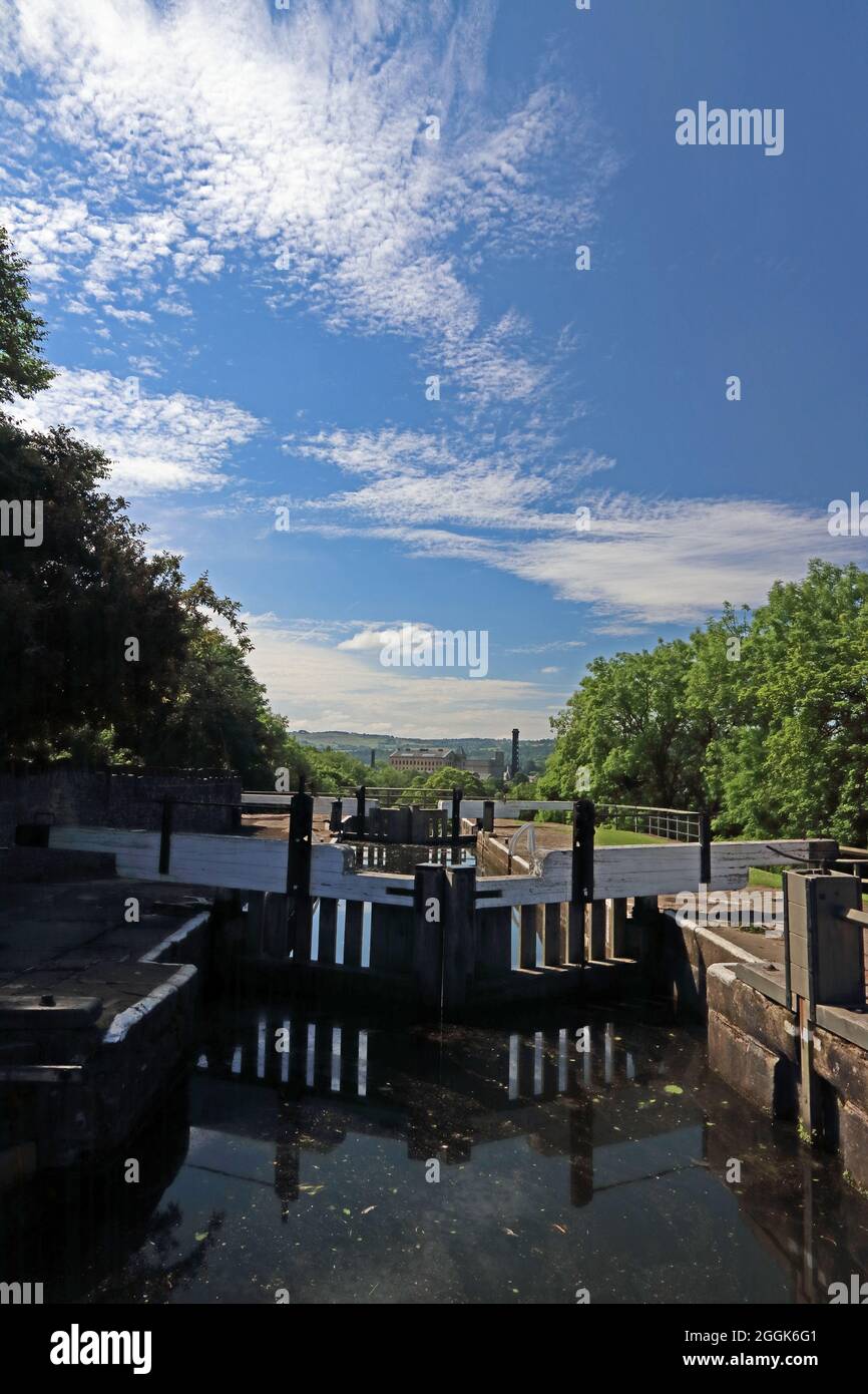 View from top of Bingley 5 Rise Locks looking towards the town Stock ...
