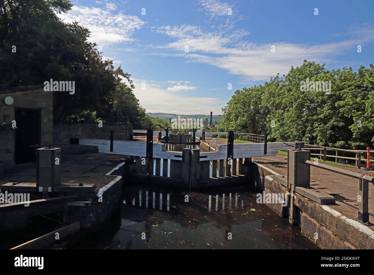 View from top of Bingley 5 Rise Locks looking towards the town Stock ...