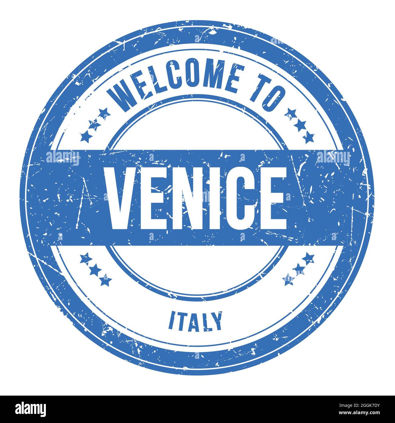 WELCOME TO VENICE - ITALY, words written on blue round coin stamp Stock ...