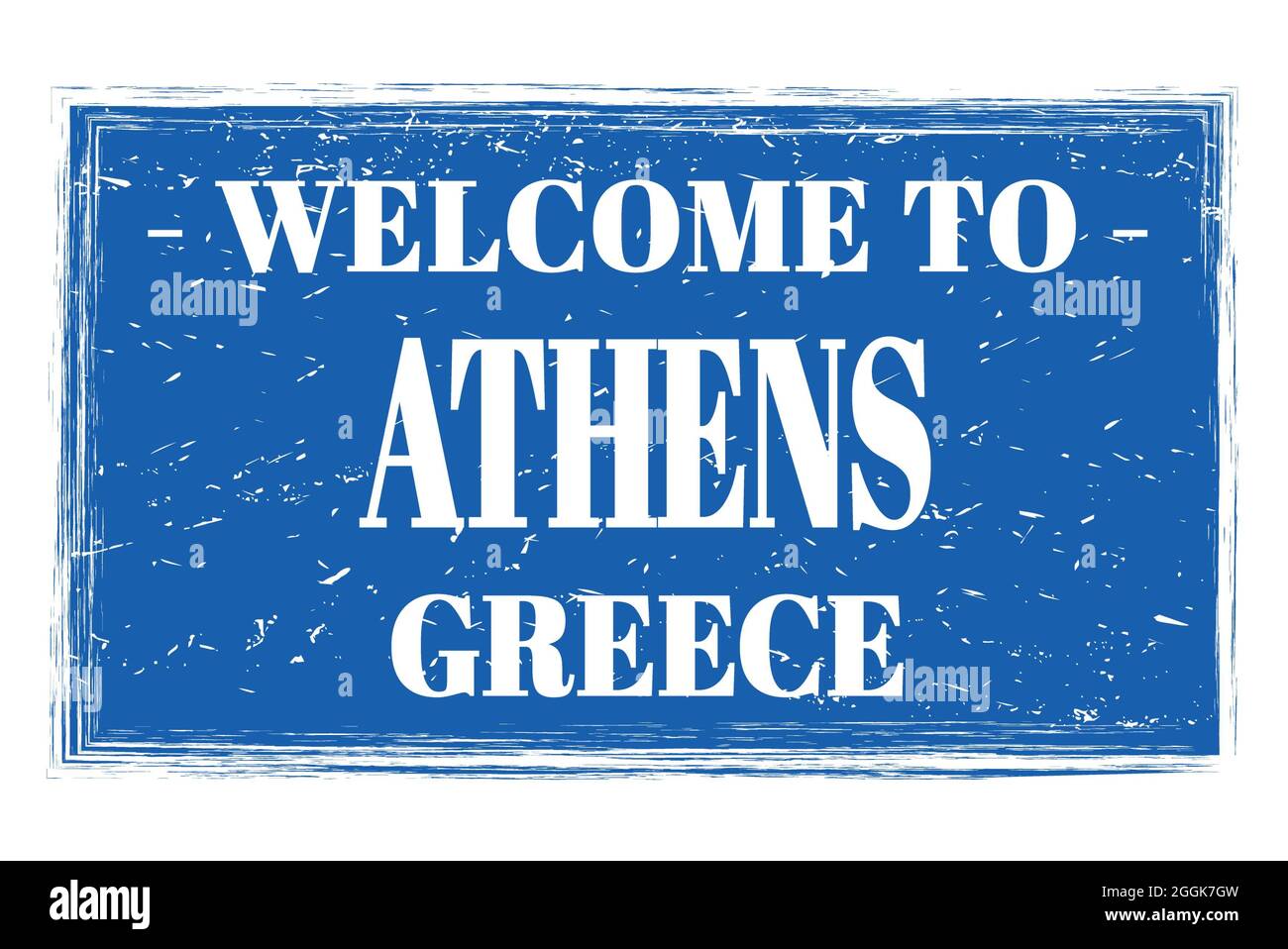 WELCOME TO ATHENS - GREECE, words written on greek blue rectangle post ...