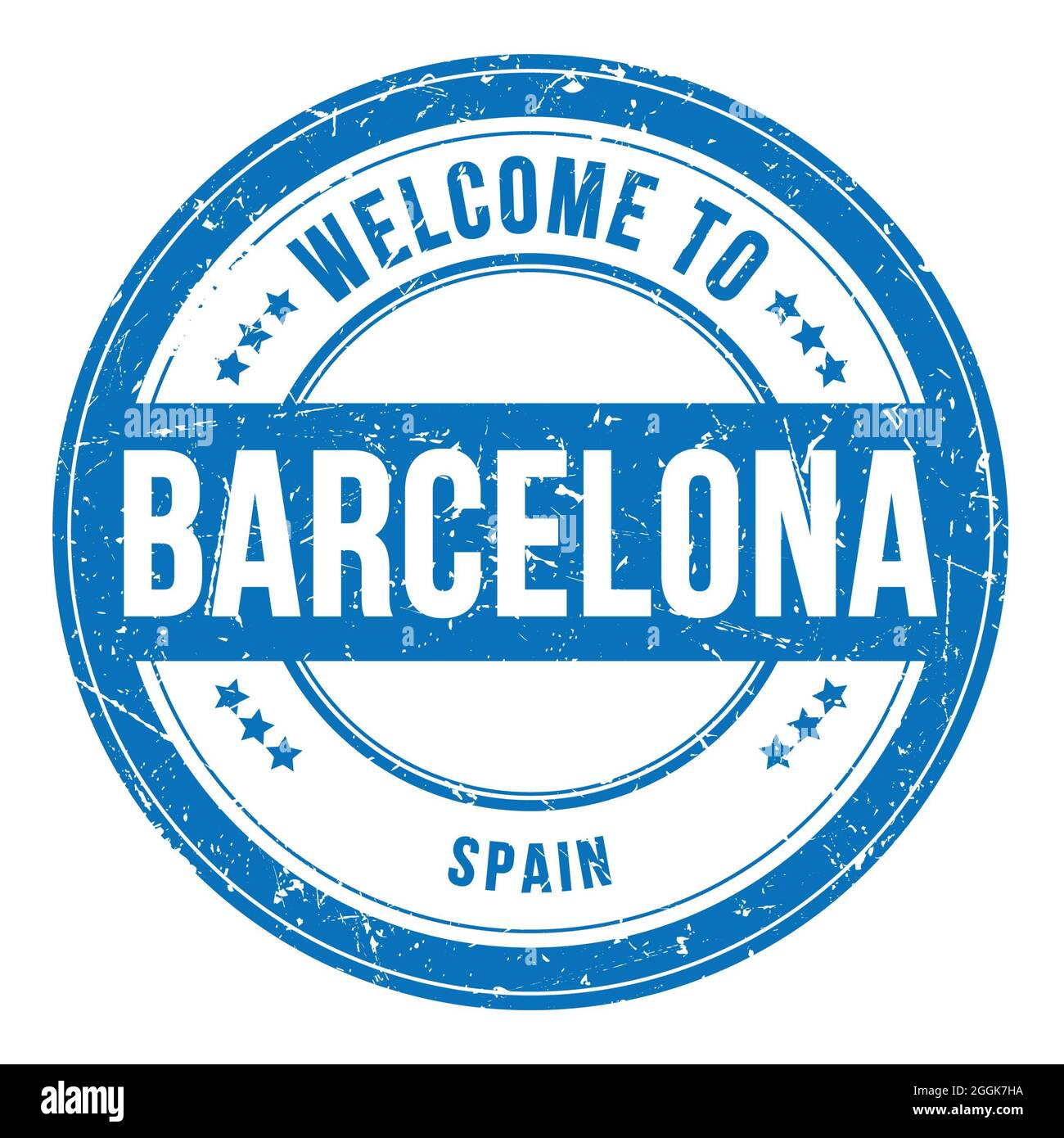 WELCOME TO BARCELONA - SPAIN, words written on blue round coin stamp ...