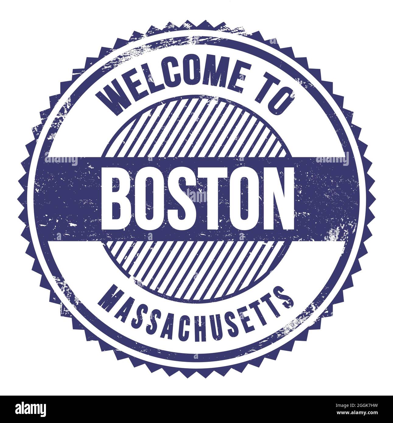 WELCOME TO BOSTON - MASSACHUSETTS, words written on blue zig zag stamp ...