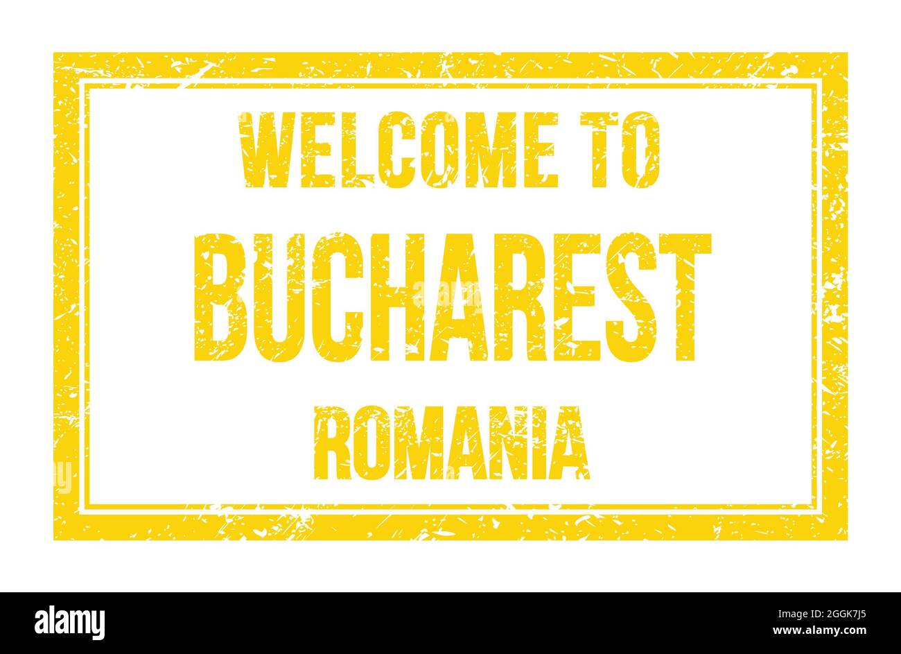 WELCOME TO BUCHAREST - ROMANIA, words written on yellow rectangle post ...