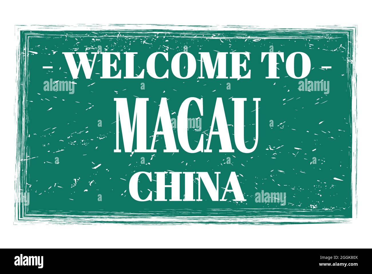 WELCOME TO MACAU - CHINA, words written on green rectangle post stamp ...