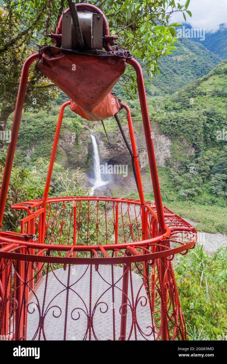 Cable car used for observing Manto de la Novia (Bridal Veil) waterfall ...