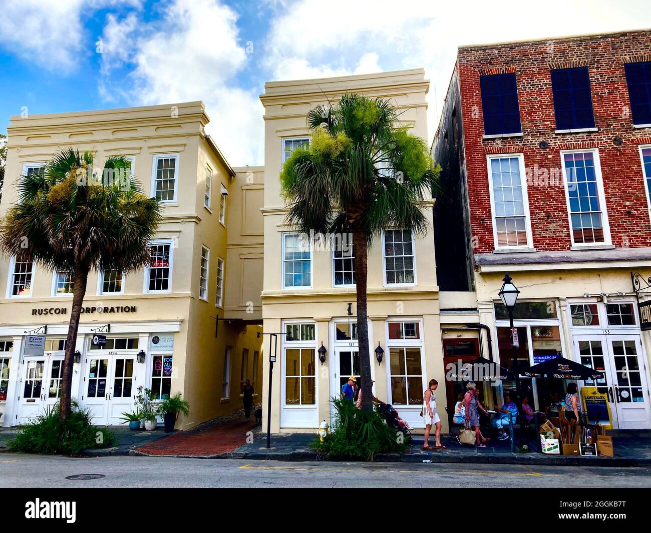 Charleston, South Carolina. Well kept Colonial era homes with palmettos ...