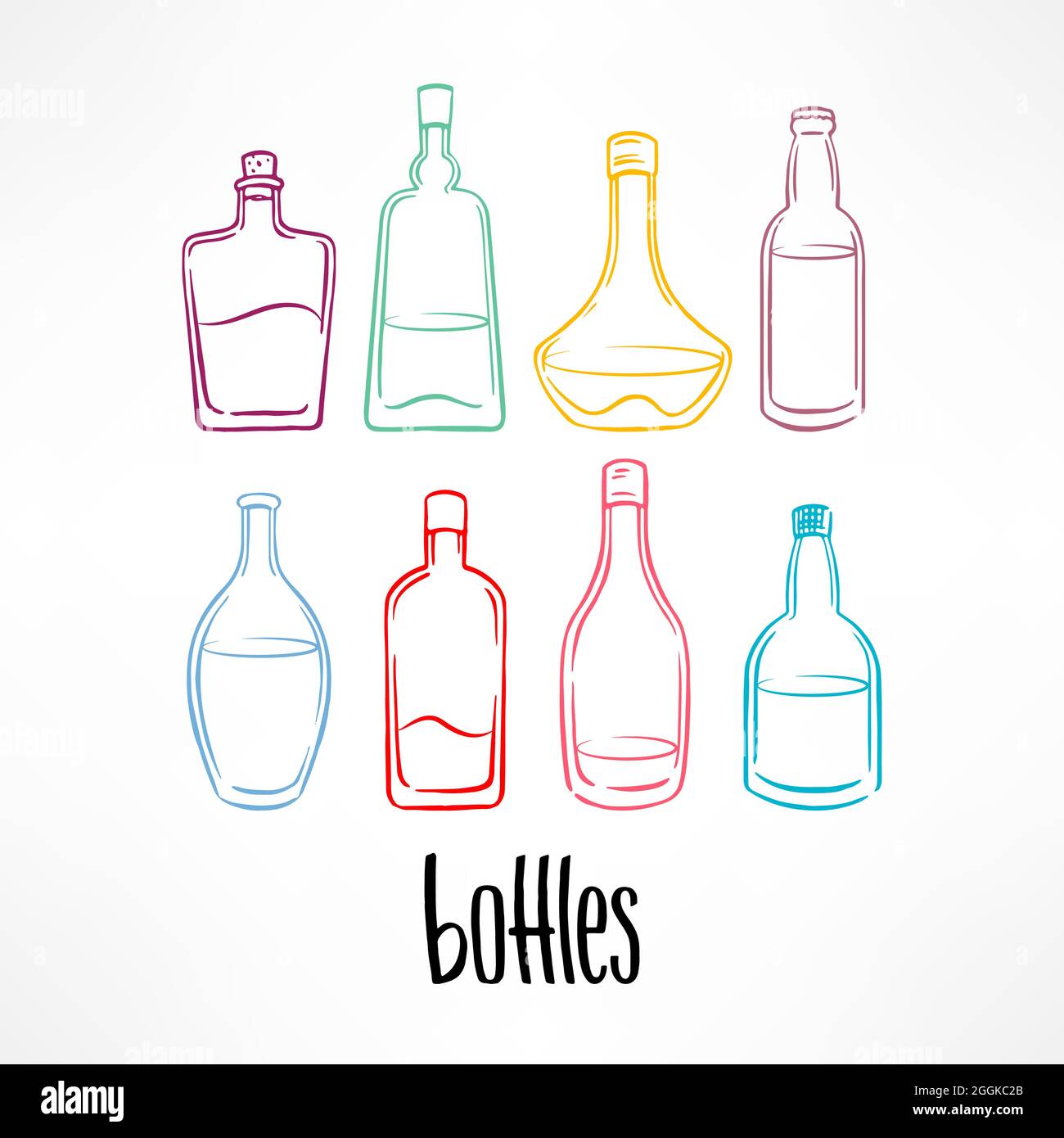 Set of different sketch colorful bottle with beverages. Hand-drawn ...