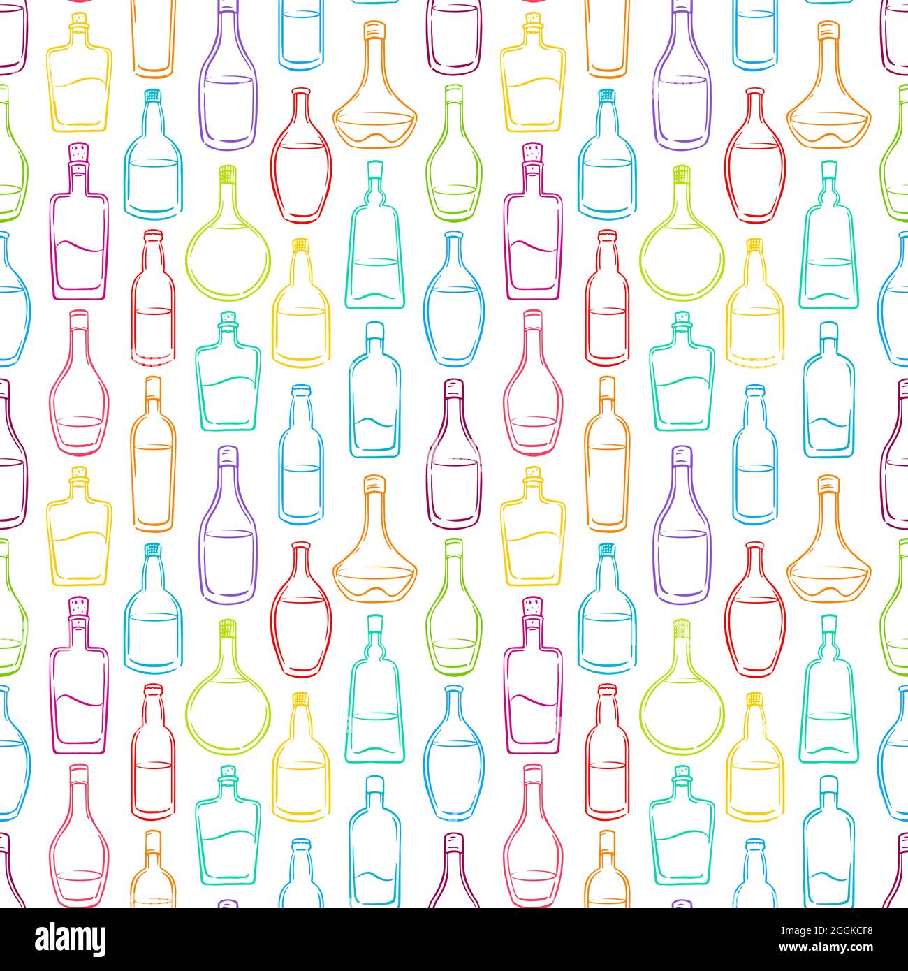 Seamless background with various colored bottles of alcohol. hand-drawn ...