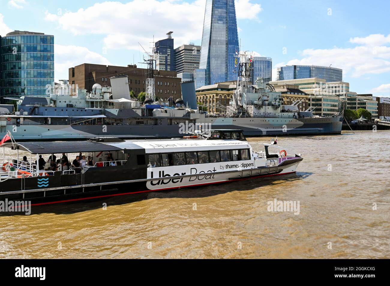 London, England - August 2021: Side view of a Thames Clipper water taxi ...