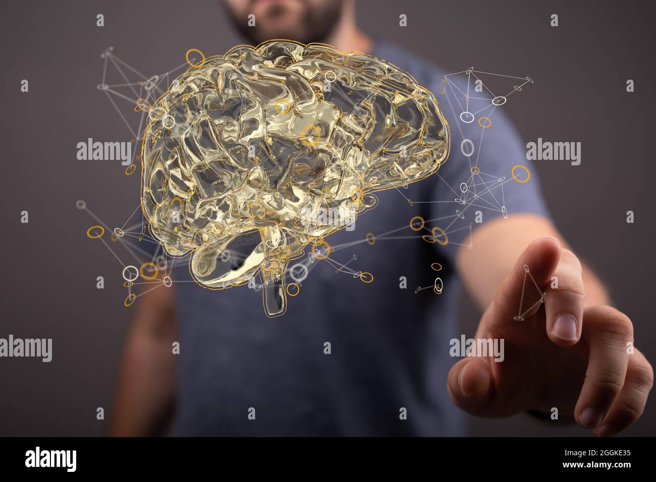 Person presenting the virtual projection of the human brain Stock Photo ...