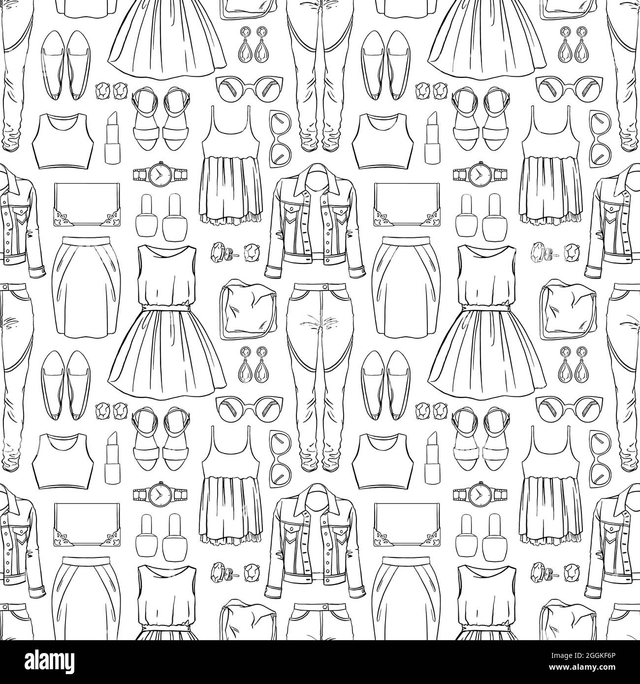 Seamless background with beautiful sketch female summer clothing Stock ...