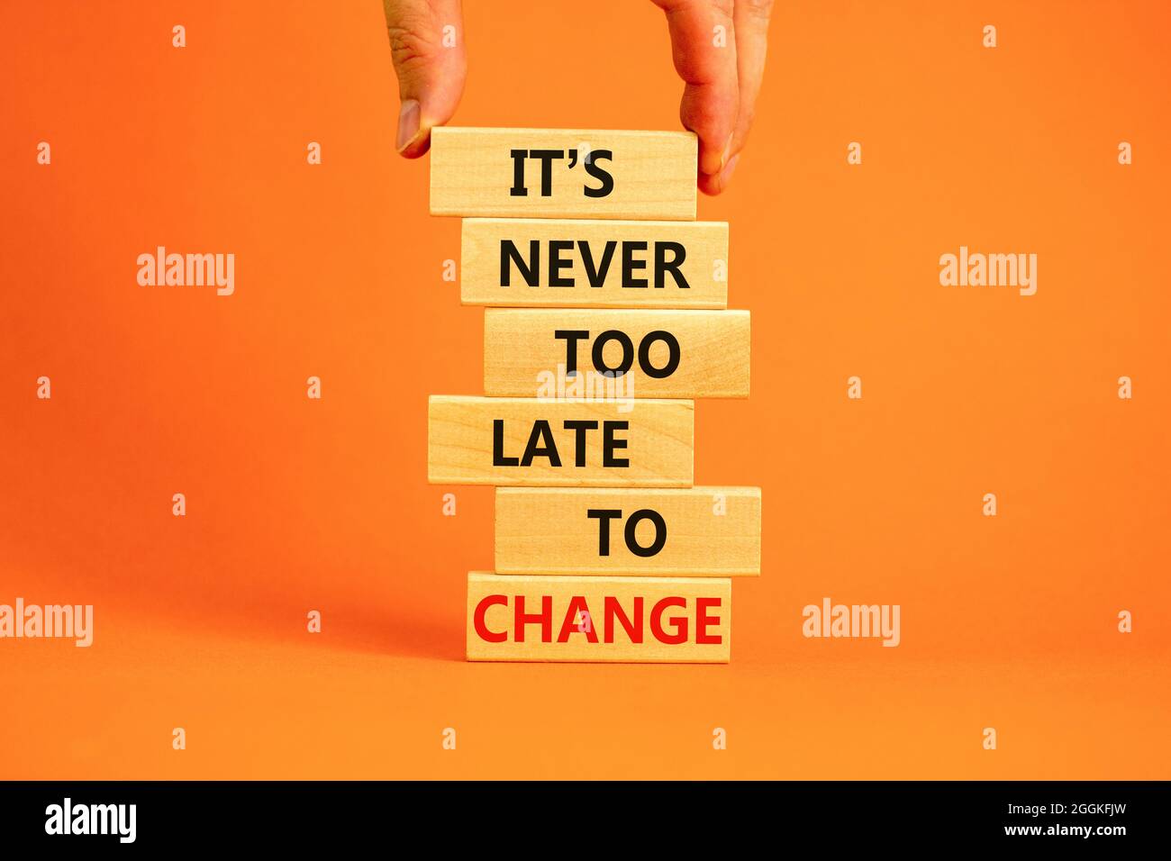Change symbol. Wooden blocks with words 'It is never too late to change ...