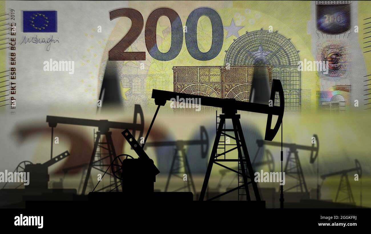 Euro money counting machine with oil pump. Petroleum rig and fuel ...