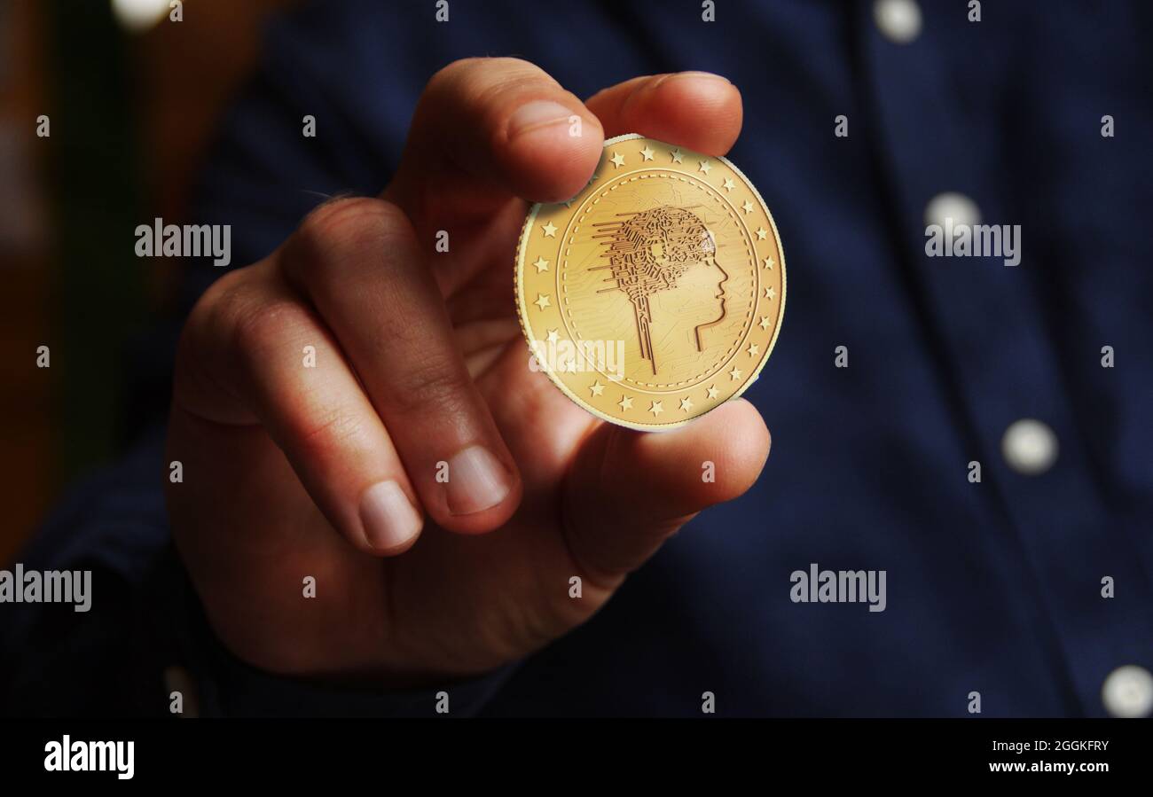 Artificial intelligence AI symbol golden coin in hand abstract concept ...