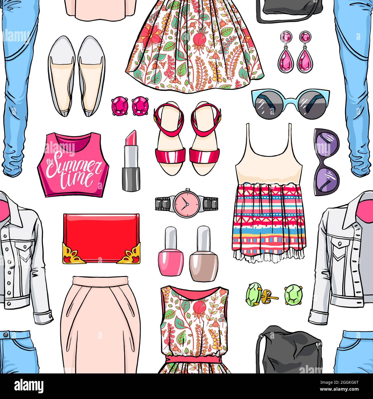 Seamless background with beautiful colorful female summer clothing ...