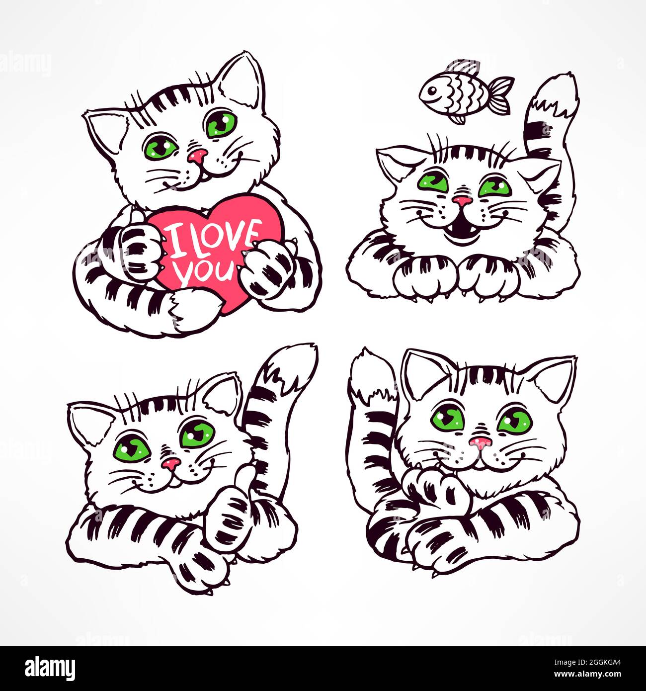 set of four cute smiling cats. hand-drawn illustration Stock Vector ...