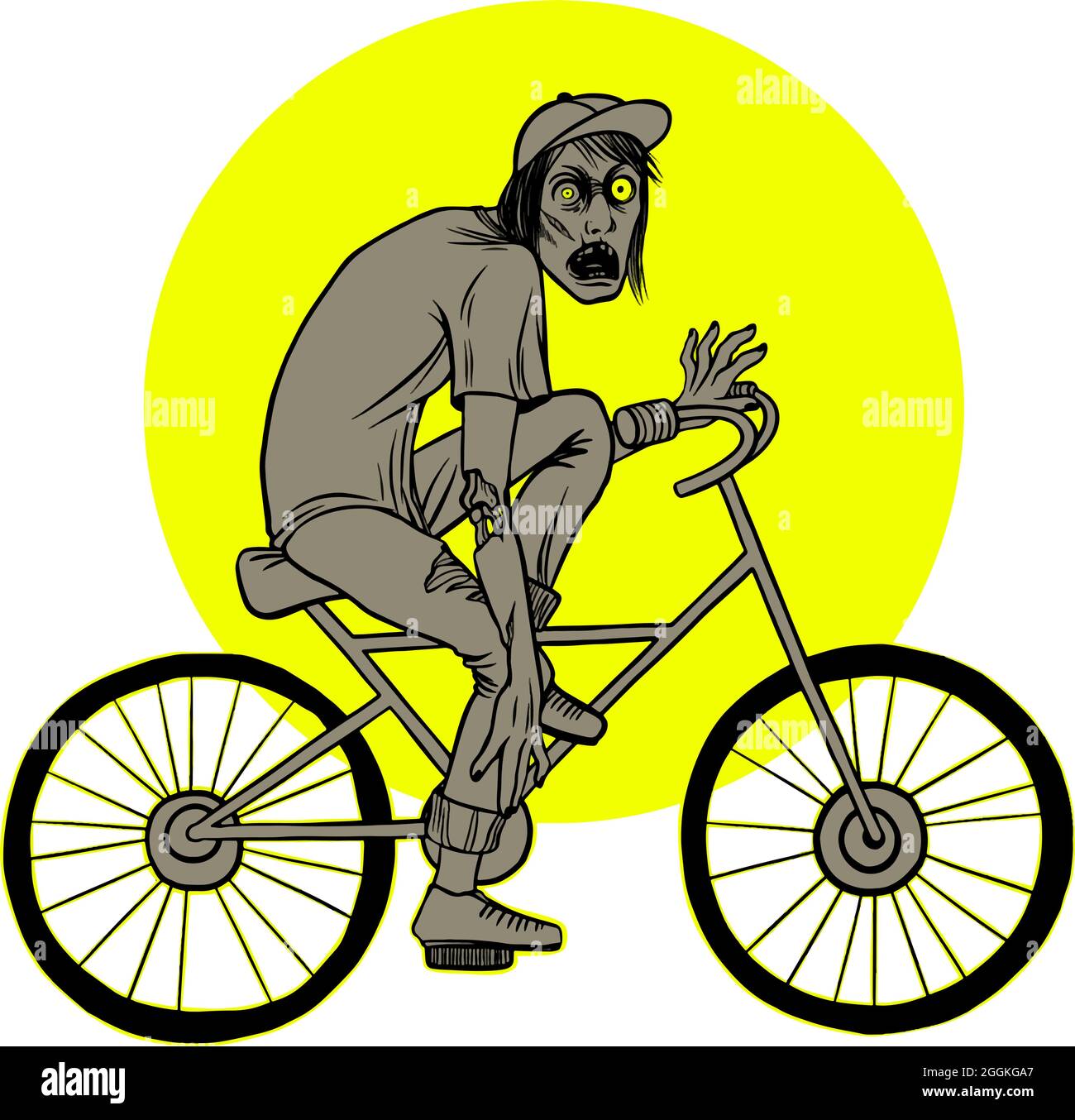 Funny Zombie ride on Bicycle on big bright yellow moon circle ...