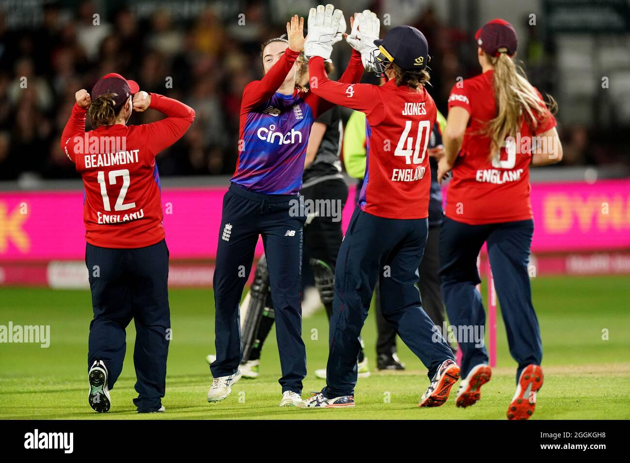 England's Mady Villiers celebrates taking the wicket of New Zealand's ...