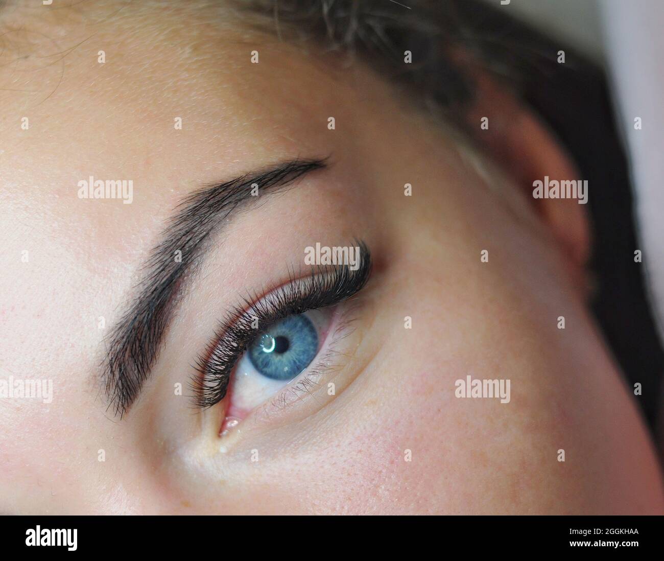 Lash extensions in beauty salon macro eye top view Stock Photo - Alamy