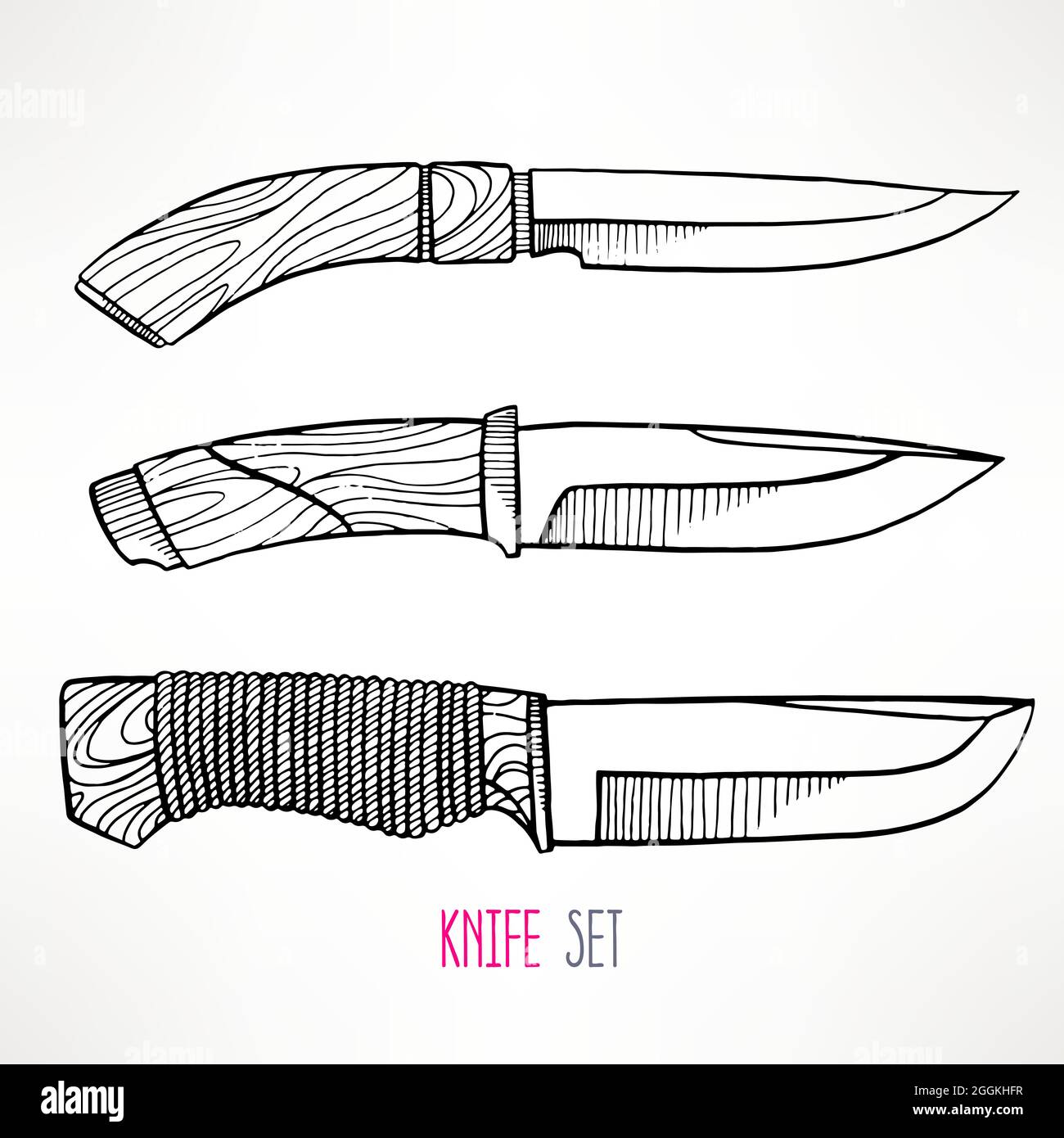 Set with three hunting sketch knives. hand-drawn illustration Stock ...