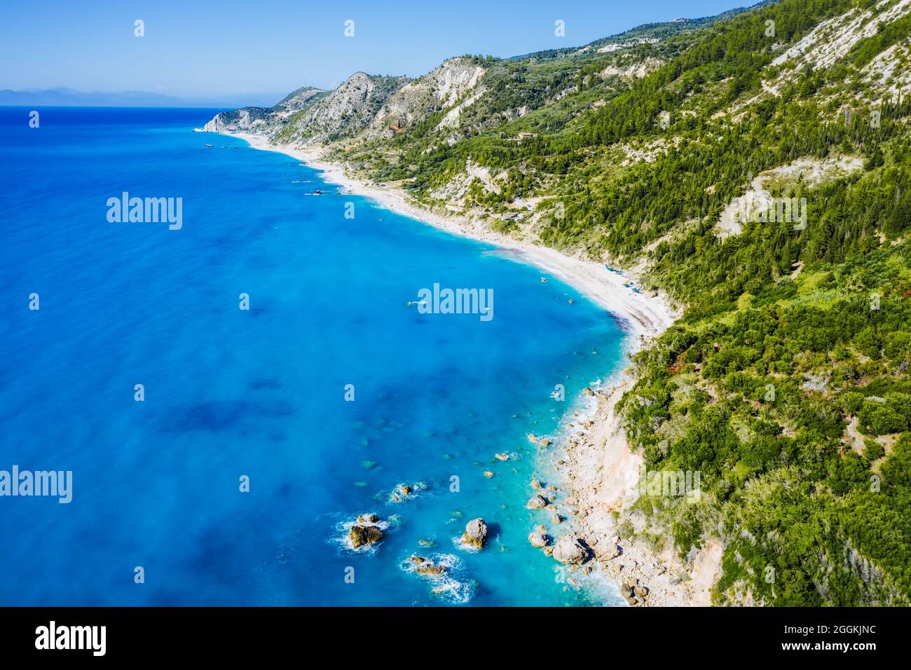 Aerial view of Lefkada coastline. Beautiful beaches, mountains, cypress ...