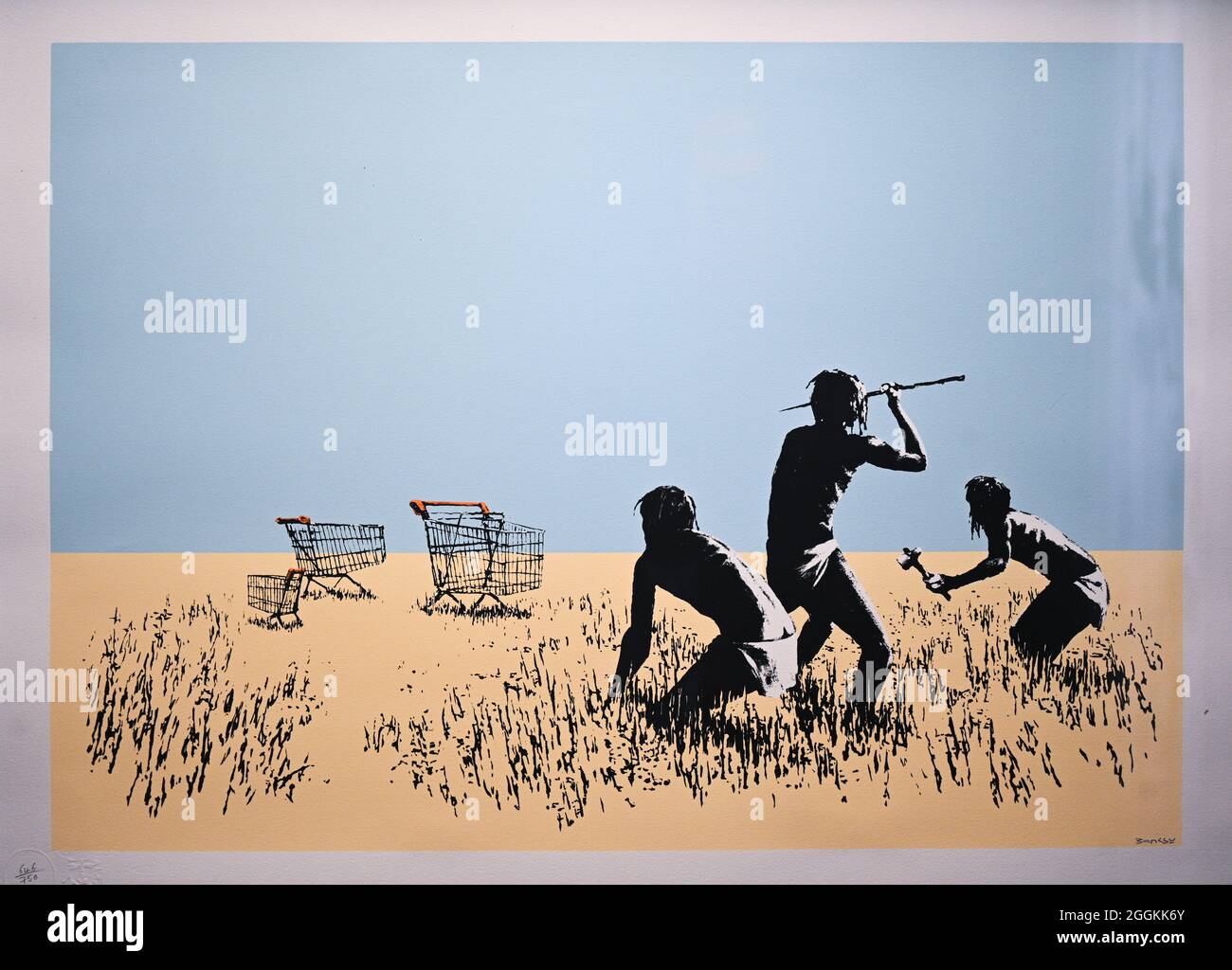 Artworks by street artist Banksy on display at a press preview of the ...