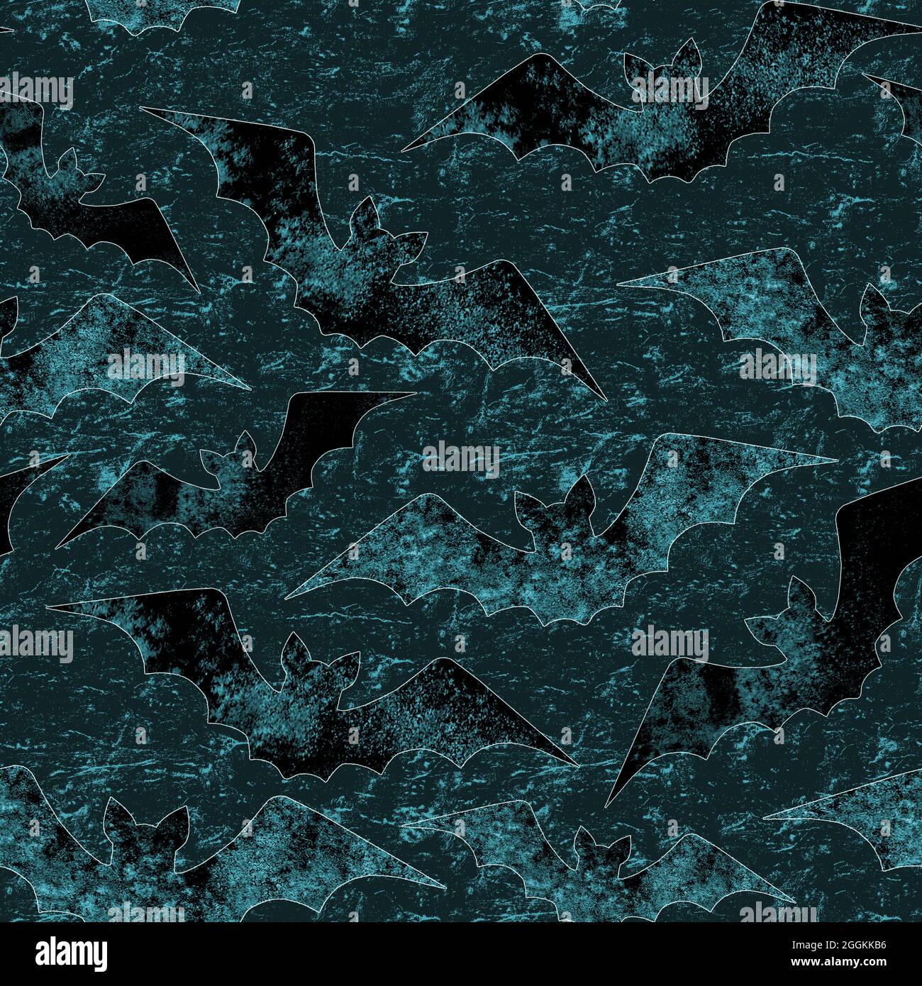 Halloween watercolor grunge seamless pattern with teal silhouettes of ...