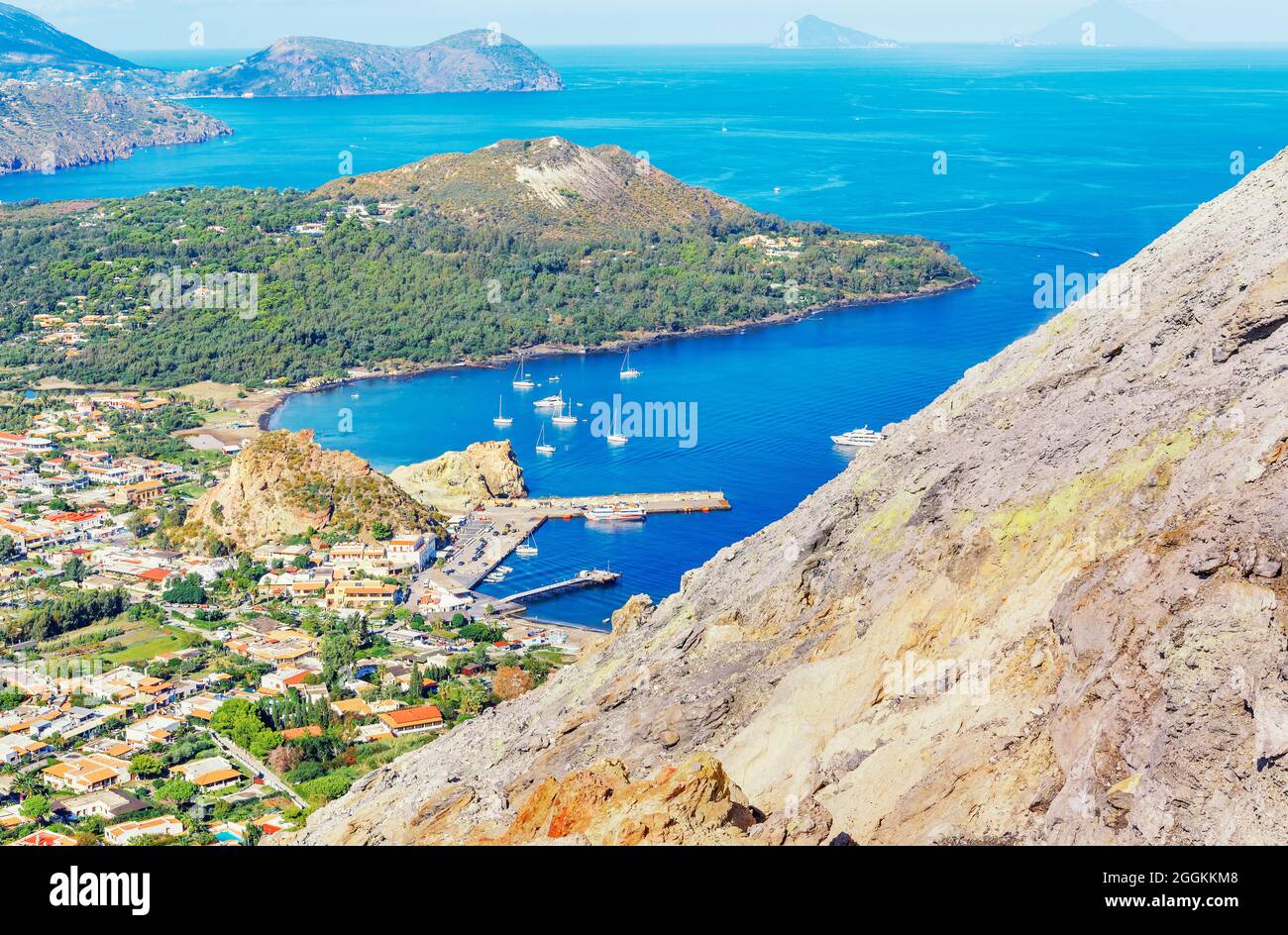 High angle view of Vulcanello and Levante harbour, Vulcano Island ...