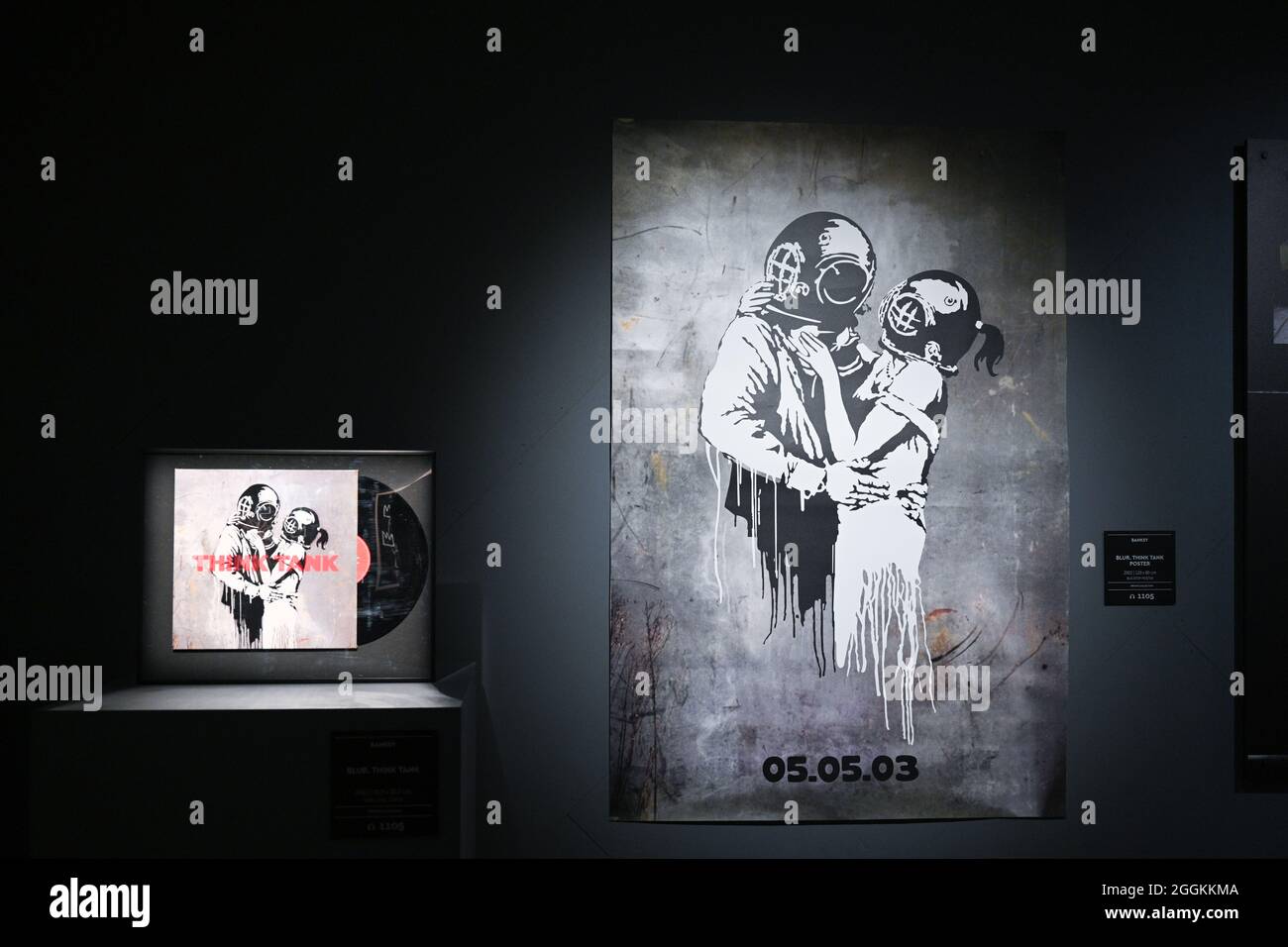 Artworks by street artist Banksy on display at a press preview of the ...