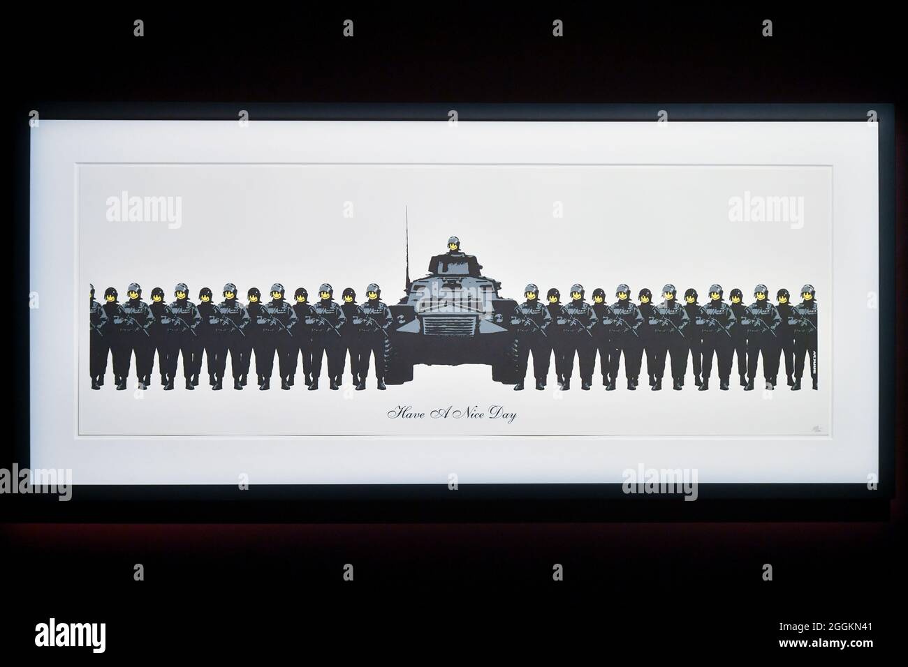 Artworks by street artist Banksy on display at a press preview of the ...
