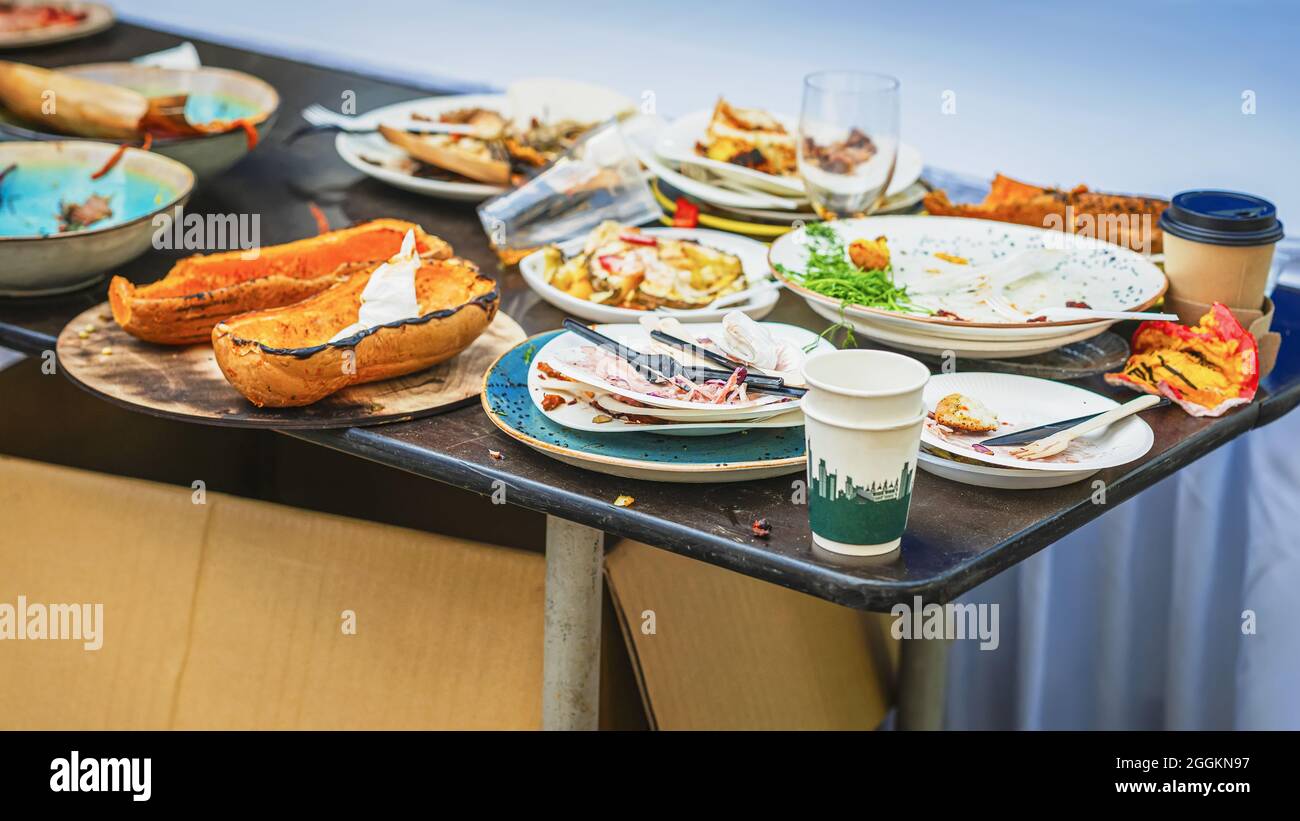 Messy Food after meal, waste, leftover food on plate, backyard barbecue ...