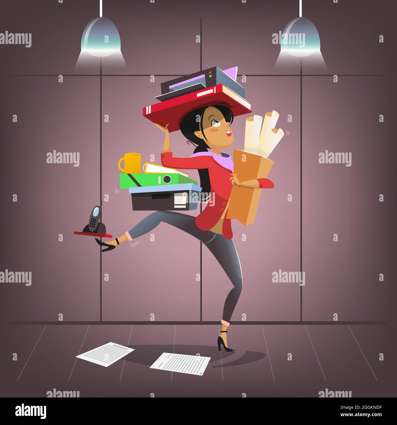 Vector Female Business Character In Cartoon Style Busy Multitasking Office Manager Company