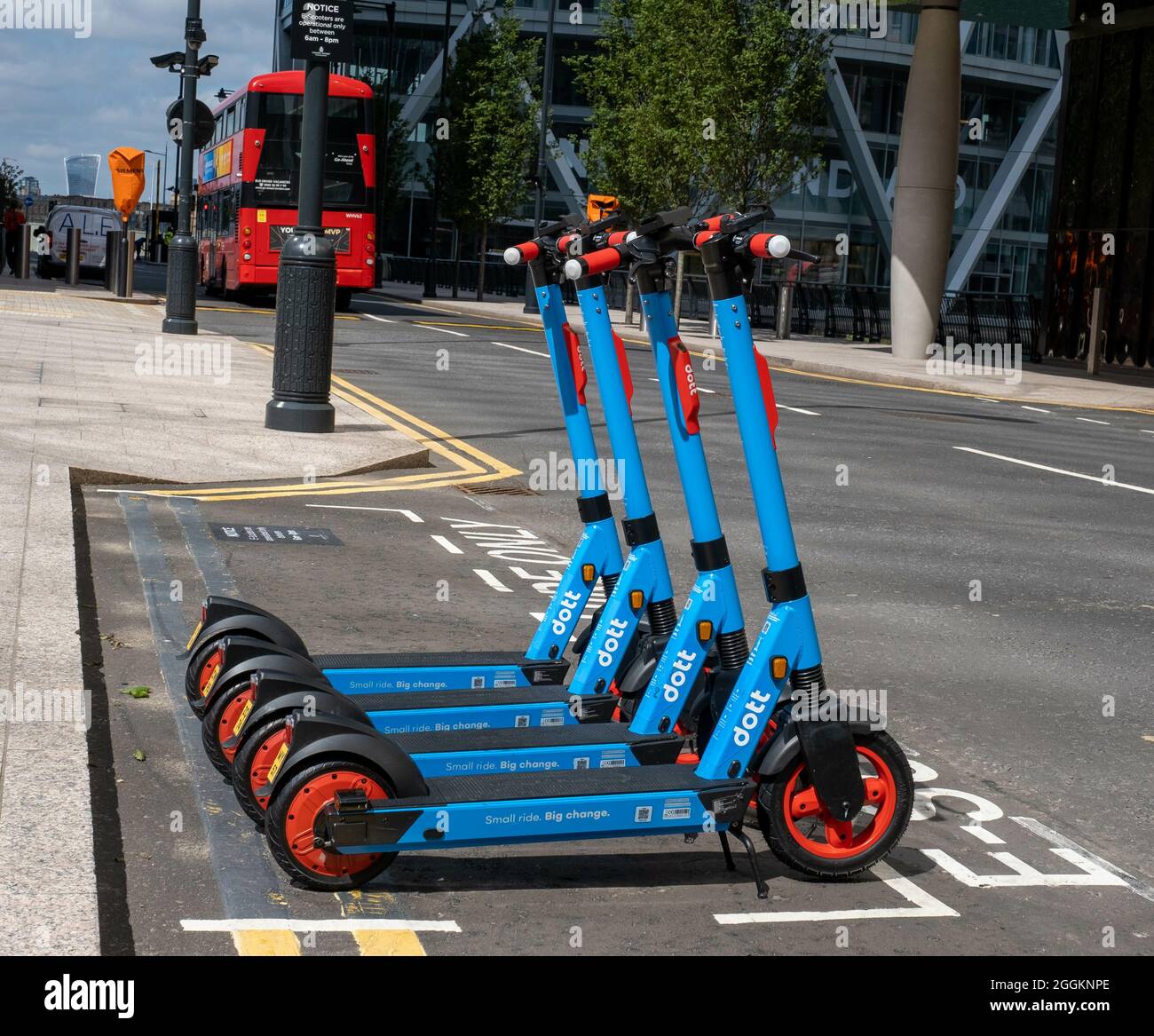 LONDON, UNITED KINGDOM - Aug 10, 2021: A parked electric scooters in ...