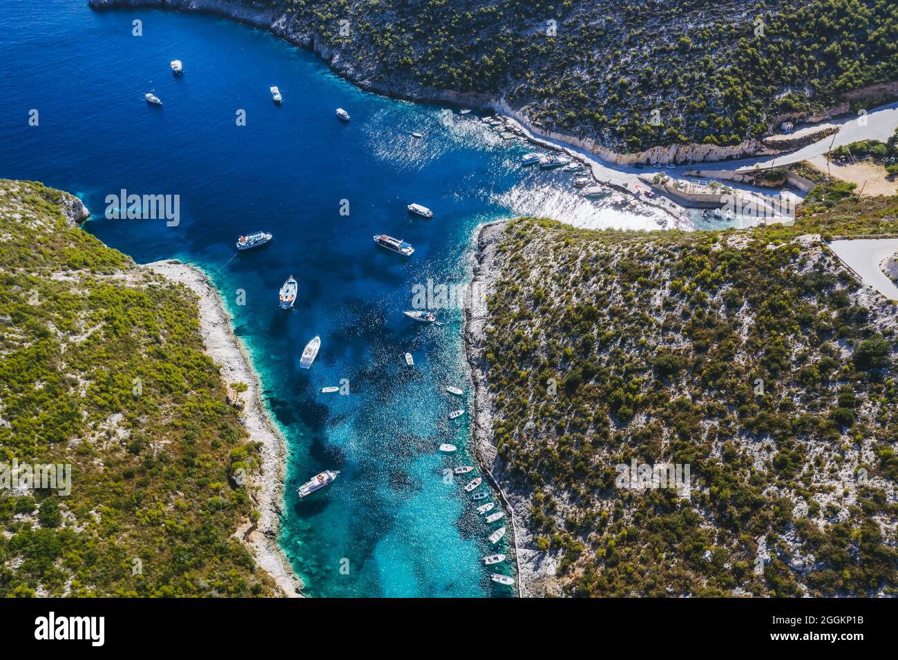 Aerial view of Porto Vromi with many fisher and tourist pleasure boats ...