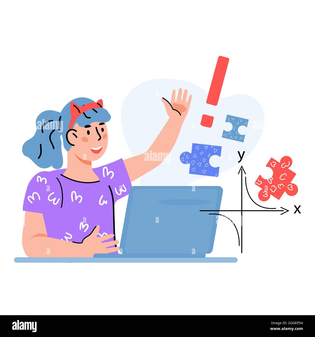 Smart clever child girl studying remotely and having solution for ...